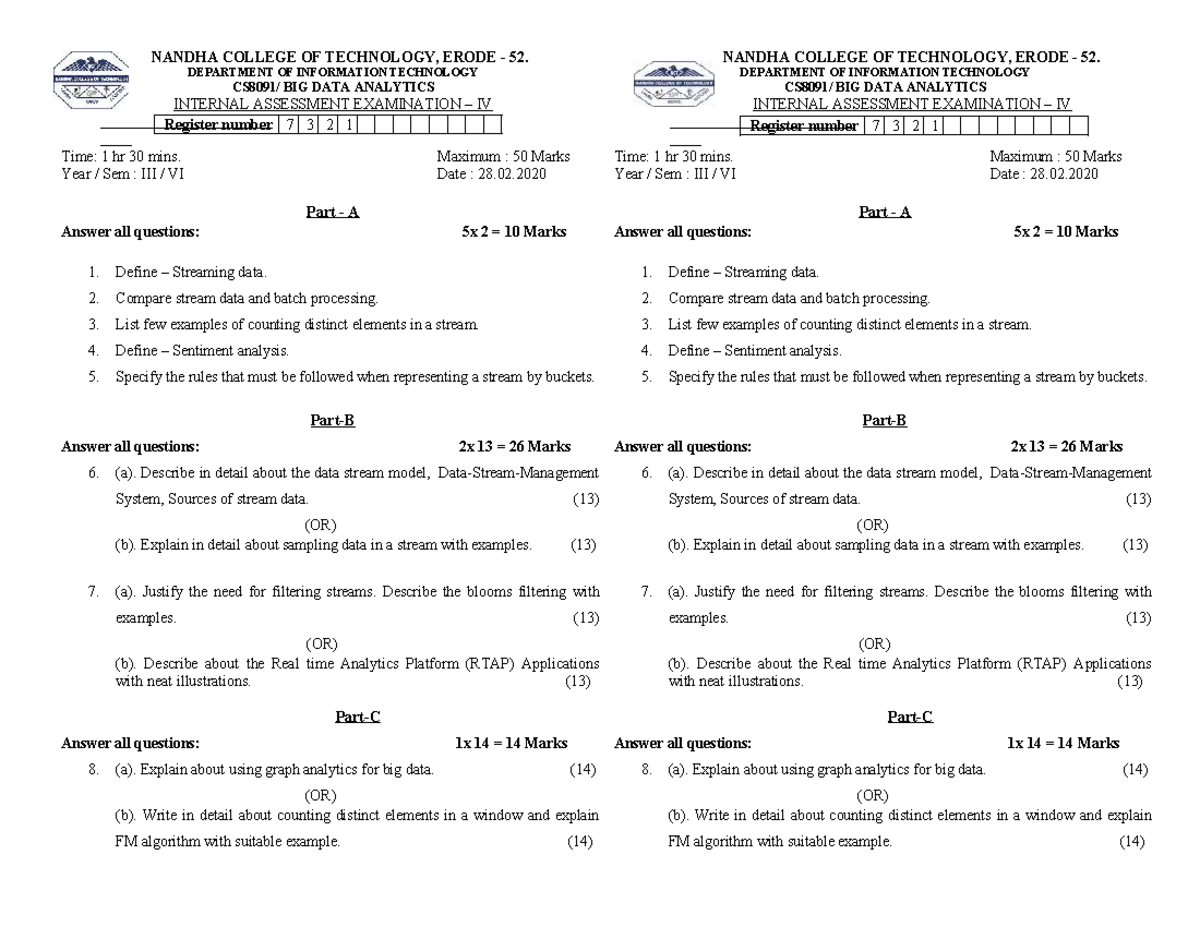 BDA IAE IV 2020 - Big data analytics internal assessment exam questions ...