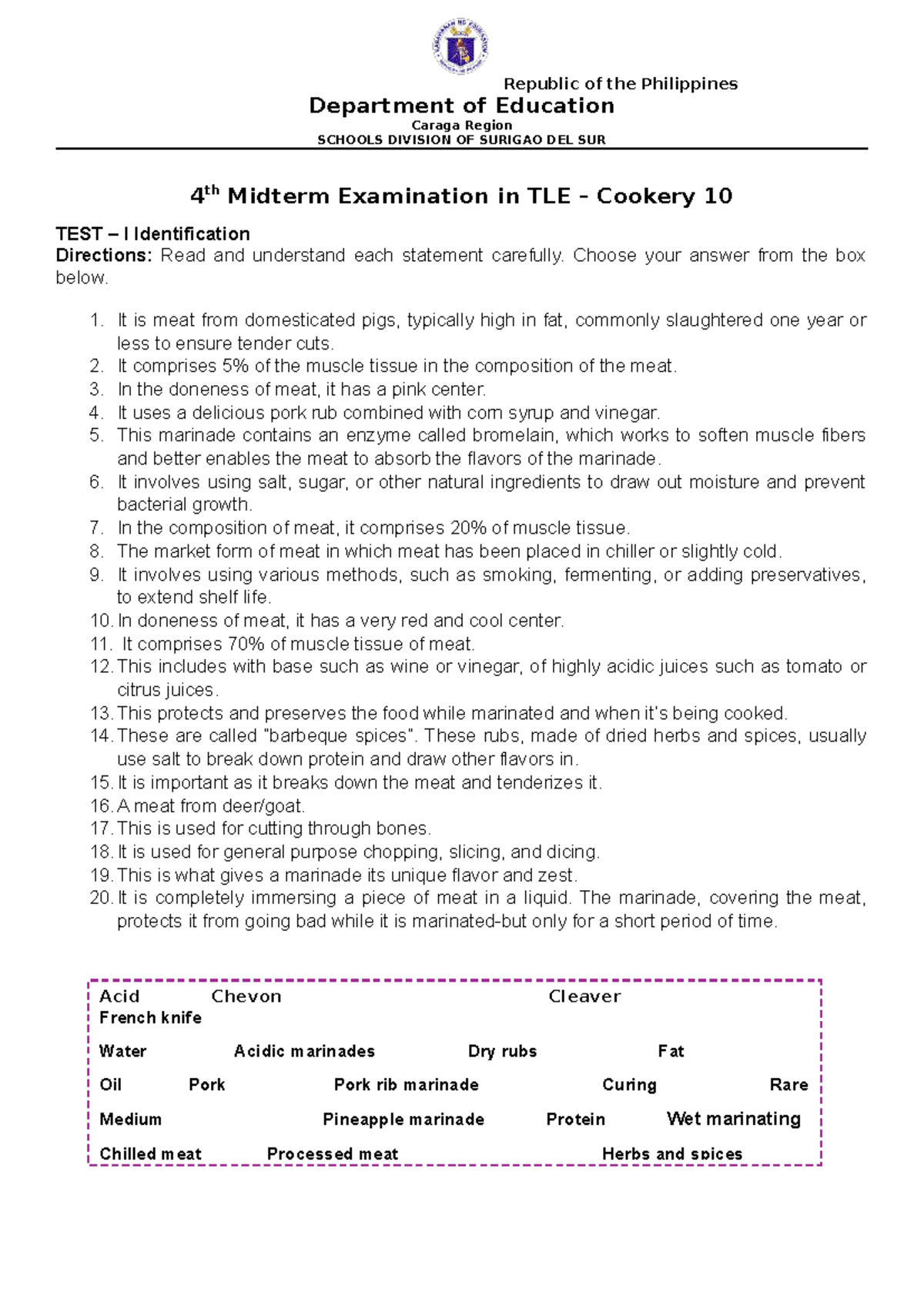 4th Midterm Exam in TLE Cookery 10: Identification & Enumeration - Studocu
