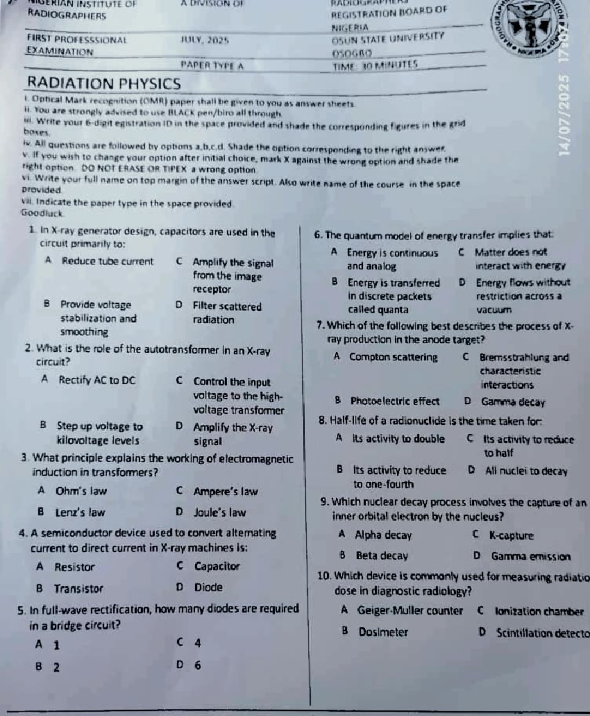 RAD 2025: First Professional Exam Paper A - Radiation Physics - Studocu