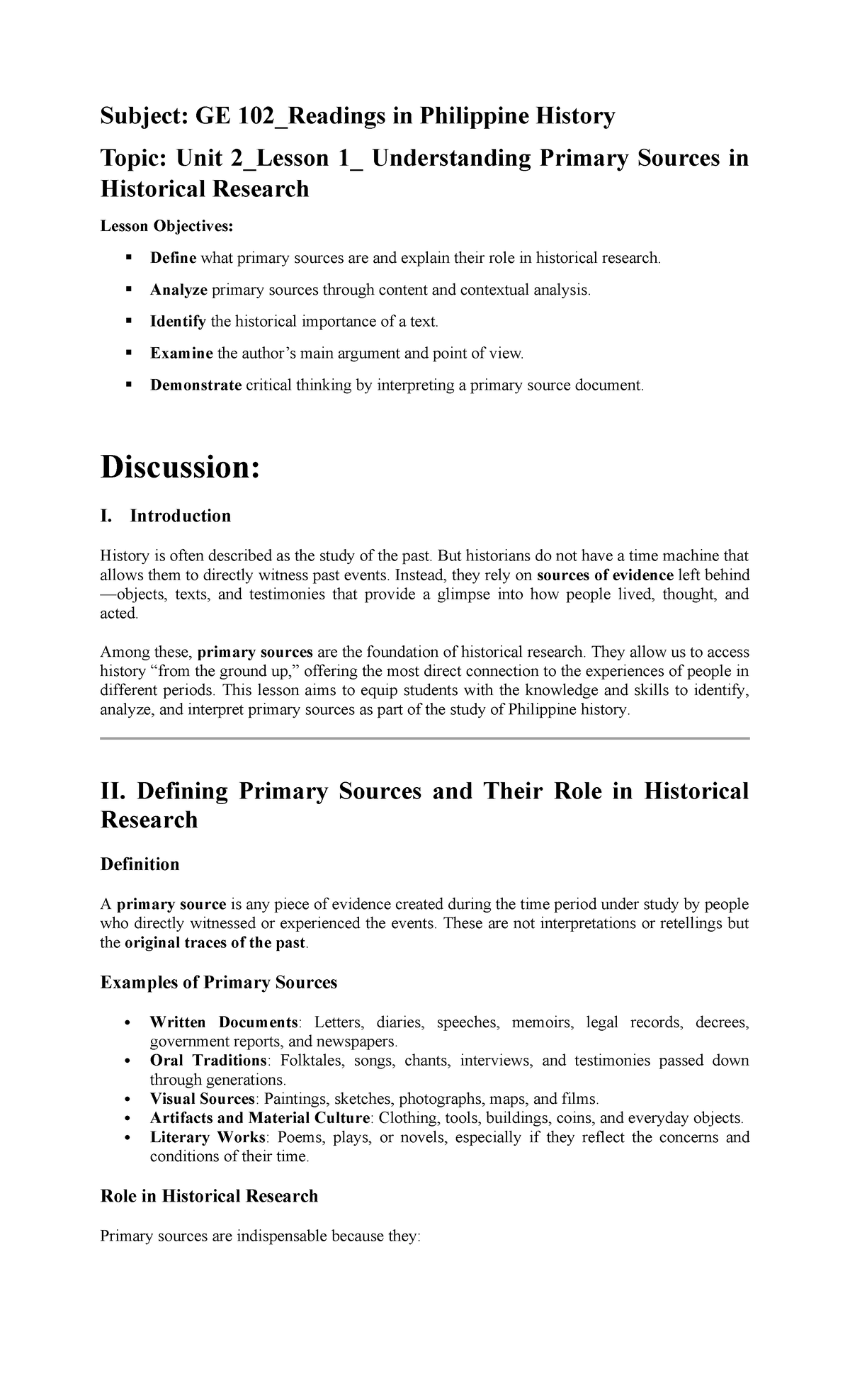 GE 102 Unit 2 Lesson 1: Understanding Primary Sources in History - Studocu