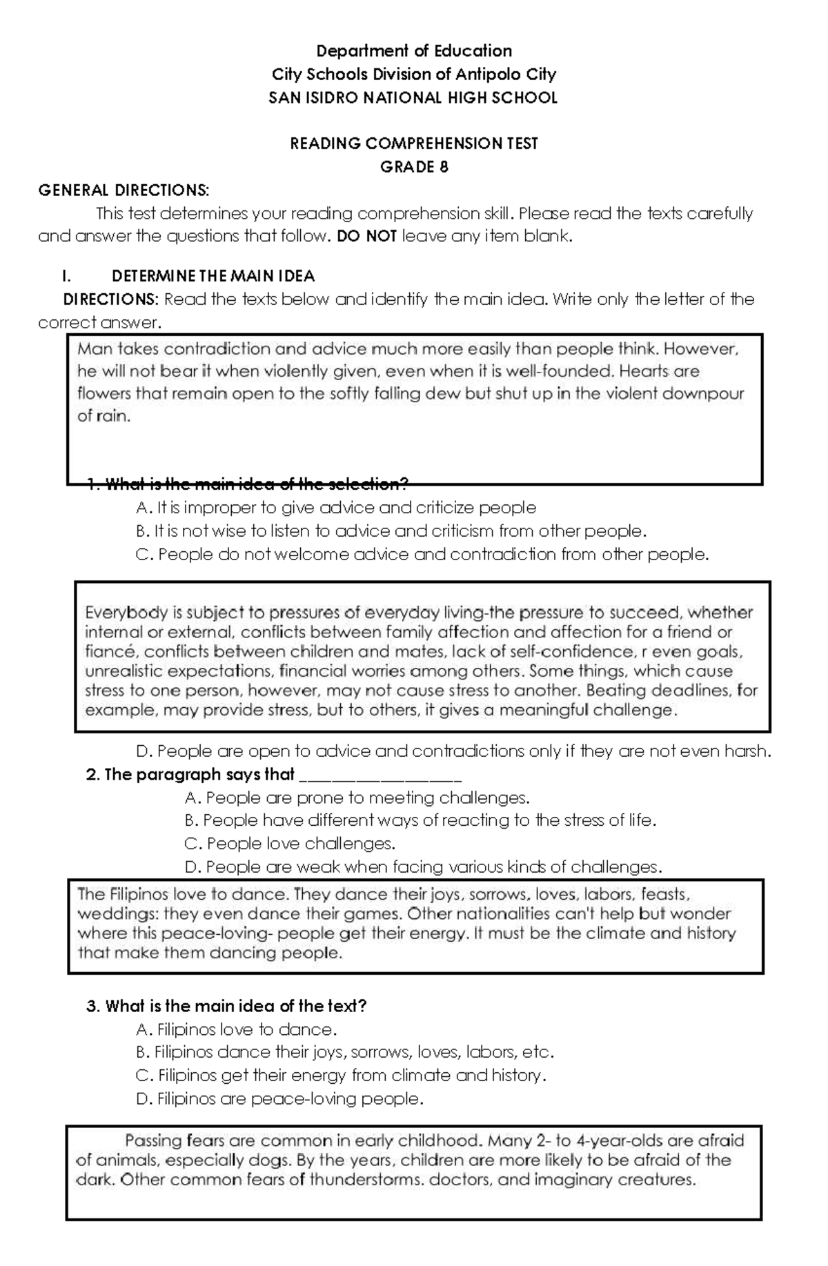 Reading Comprehension Test for Grade 8 - Test 8 - Studocu