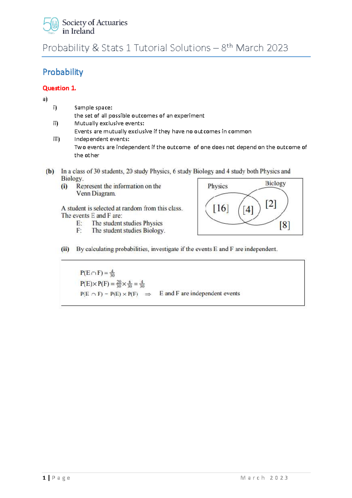 Probability and Stats I Tutorial Solutions - March 2023 - Studocu