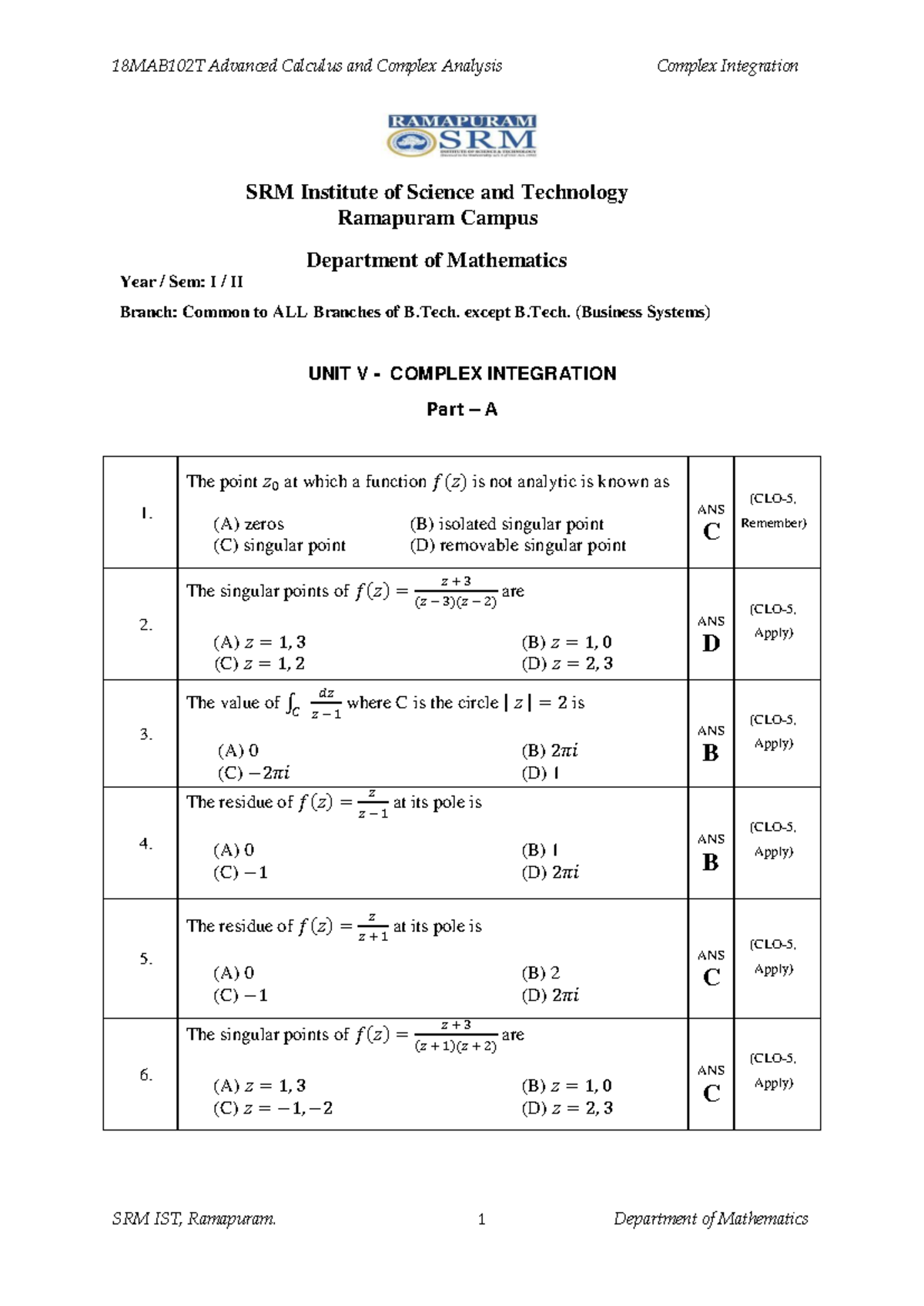 18MAB102T Advanced Calculus & Complex Analysis: Unit 5 MCQs - Studocu