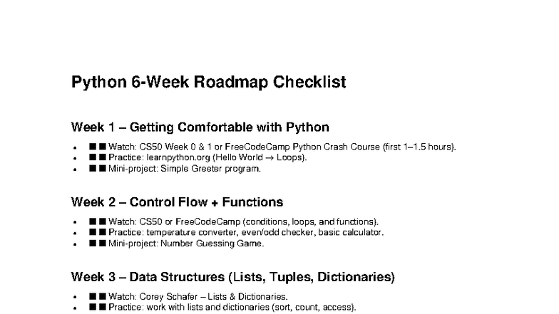 Python 6-Week Roadmap Checklist for Beginners - Studocu