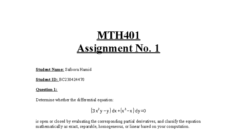 MTH401 Assignment 1: Differential Equations Analysis and Solutions ...