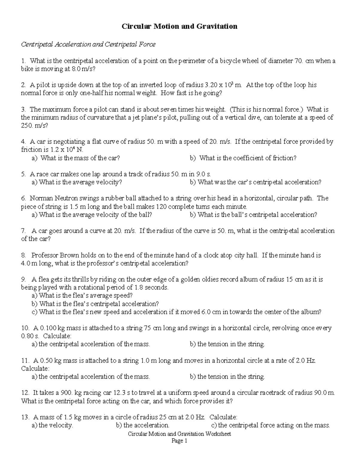 Centripetal acceleration worksheet-1 - Circular Motion and Gravitation ...