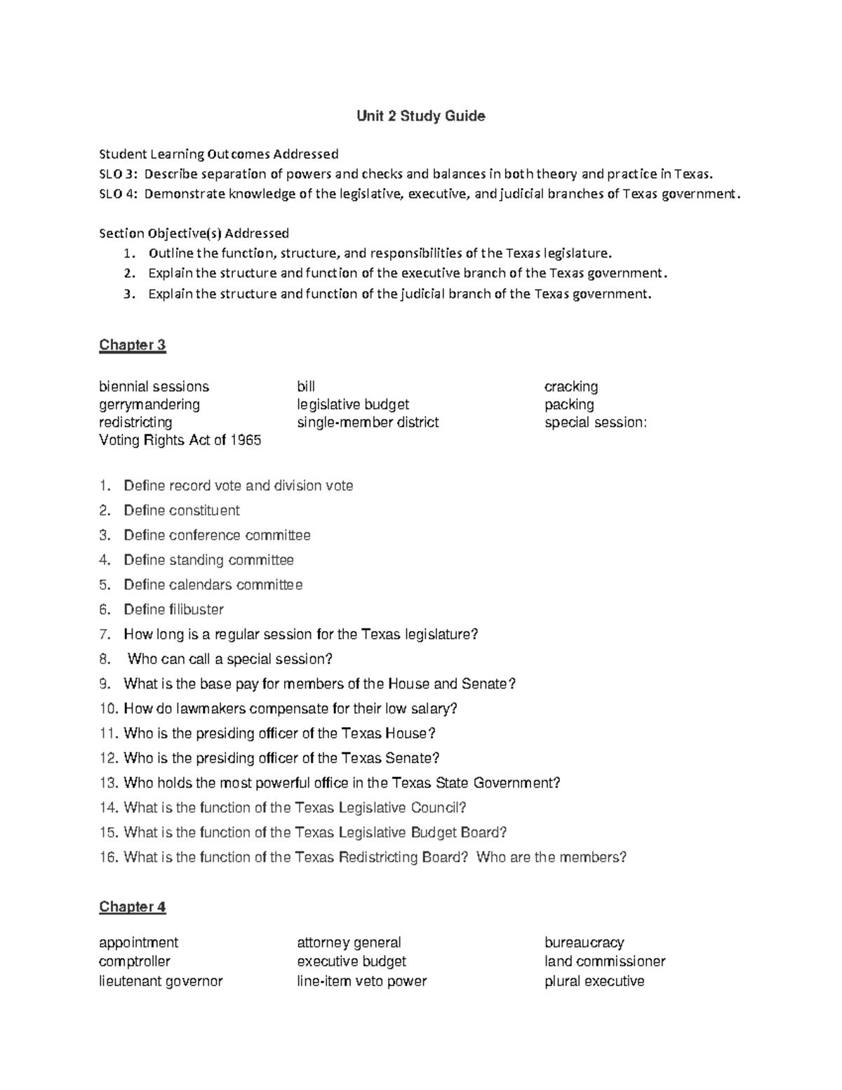 Unit 2 Study Guide: Texas Government Structure and Functions Exam Prep ...