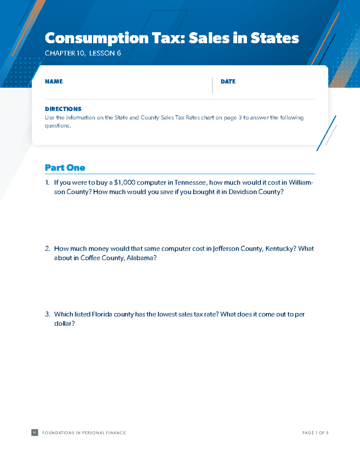 Consumption Tax: Sales in States CH 10, Lesson 6 Activity Questions ...
