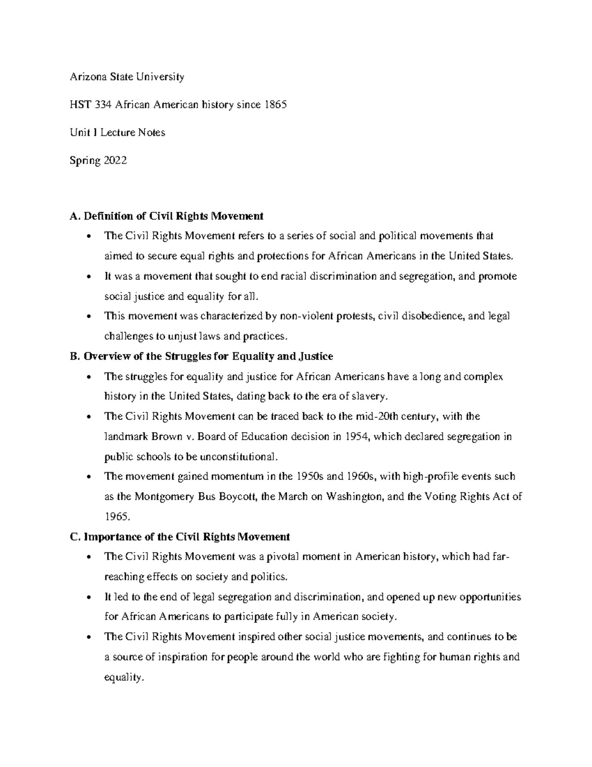 HST 334 Unit 1 African American Civil Rights Movement Lecture Notes ...