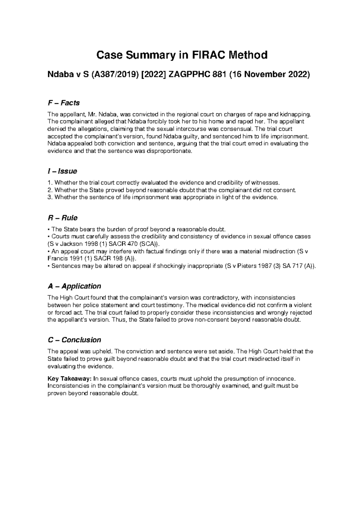 Ndaba v S 2022 Case Summary: FIRAC Analysis of Appeal Decision - Studocu