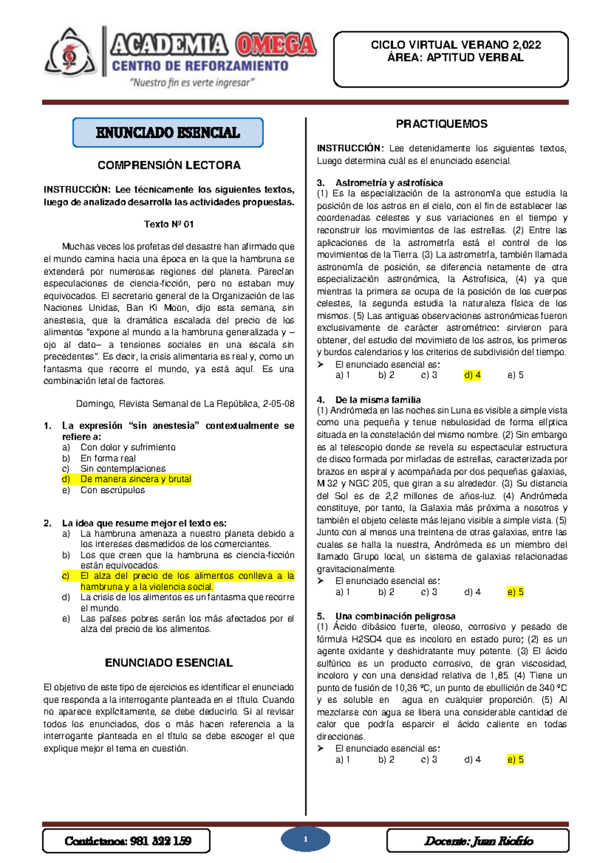 Aptitud Verbal. Semana 02. Enunciado Esencial- Claves Alumnos - 1 Cont·ctanos: 981 322 159 ...