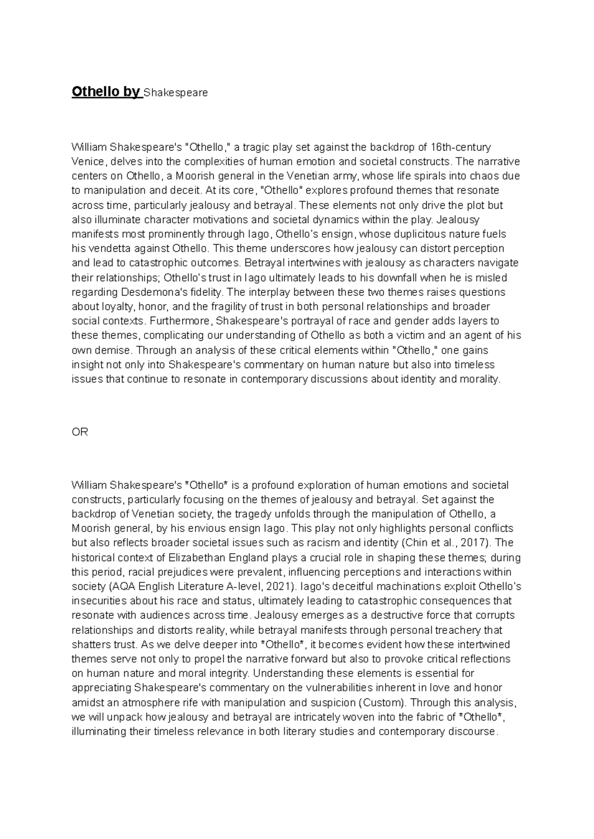 Othello (ENG 101) Overview: Themes of Jealousy and Betrayal in the Play ...