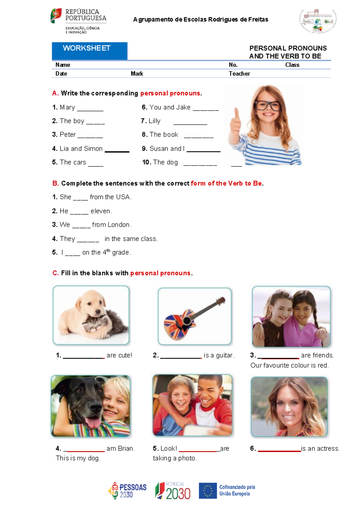 Worksheet: Personal Pronouns & Verb To Be - Agrupamento de Escolas ...