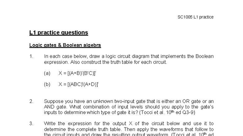 SC1005 L1 Practice Questions on Logic Gates & Boolean Algebra - Studocu