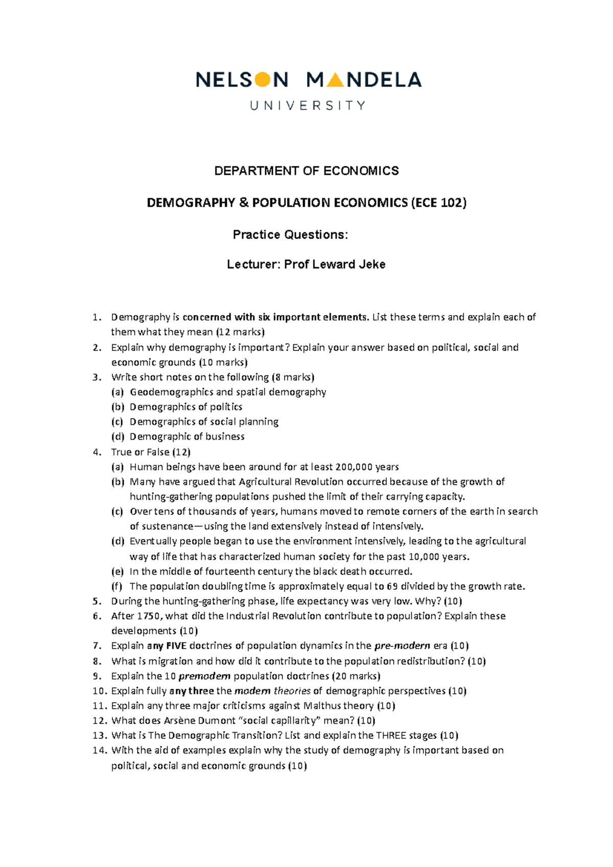 ECE102 Practice Questions - DEPARTMENT OF ECONOMICS DEMOGRAPHY ...
