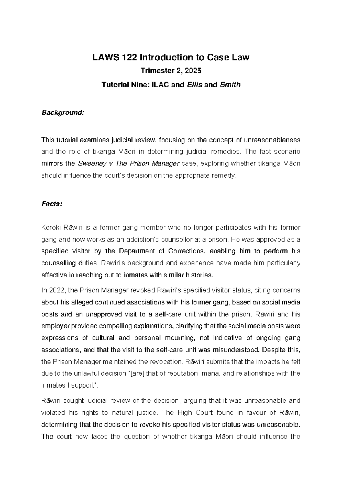 LAWS 122 2025 Tutorial Nine: ILAC Analysis of Rāwiri's Case Law - Studocu