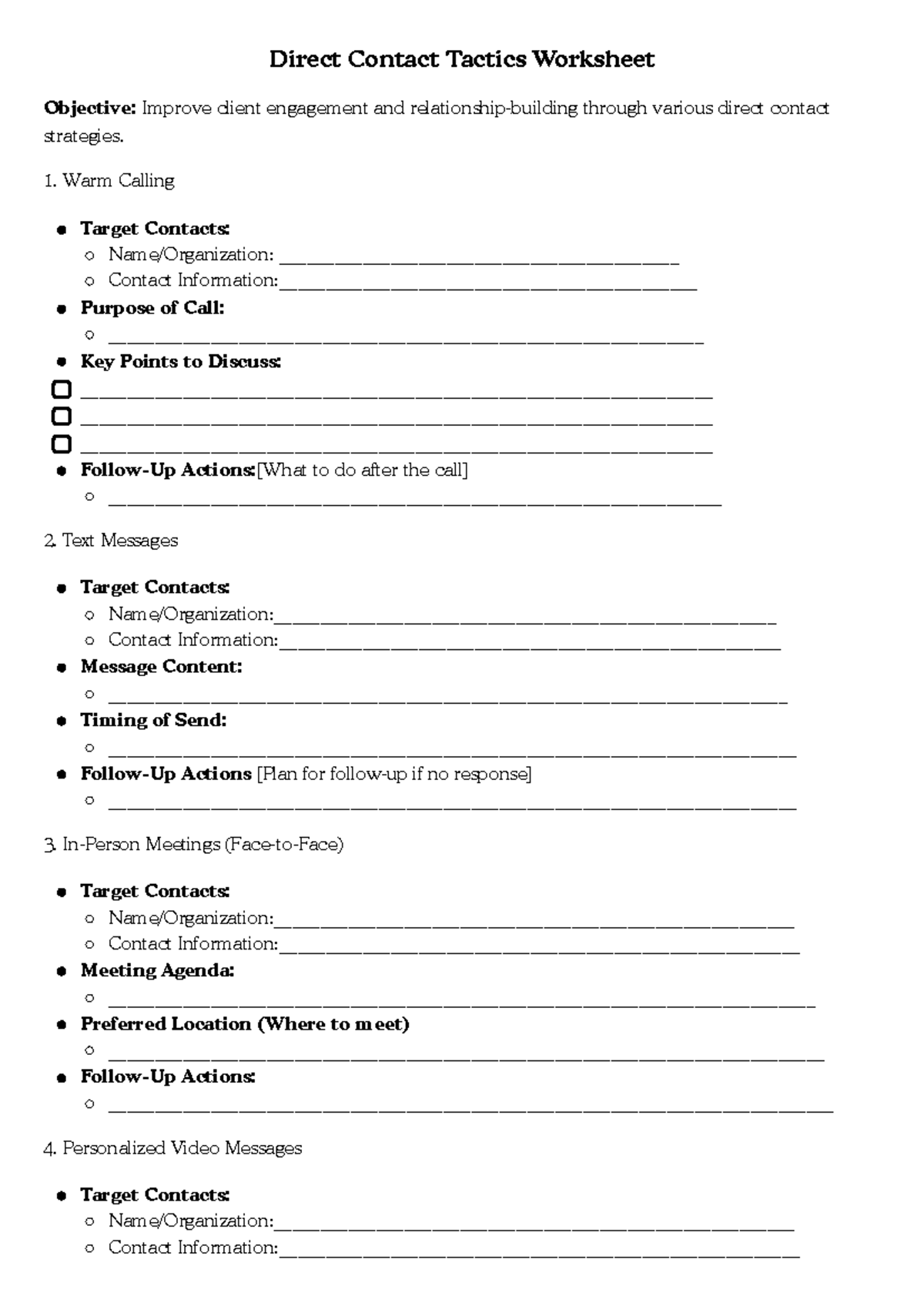 Worksheet on Direct Contact Strategy - Direct Contact Tactics Worksheet ...