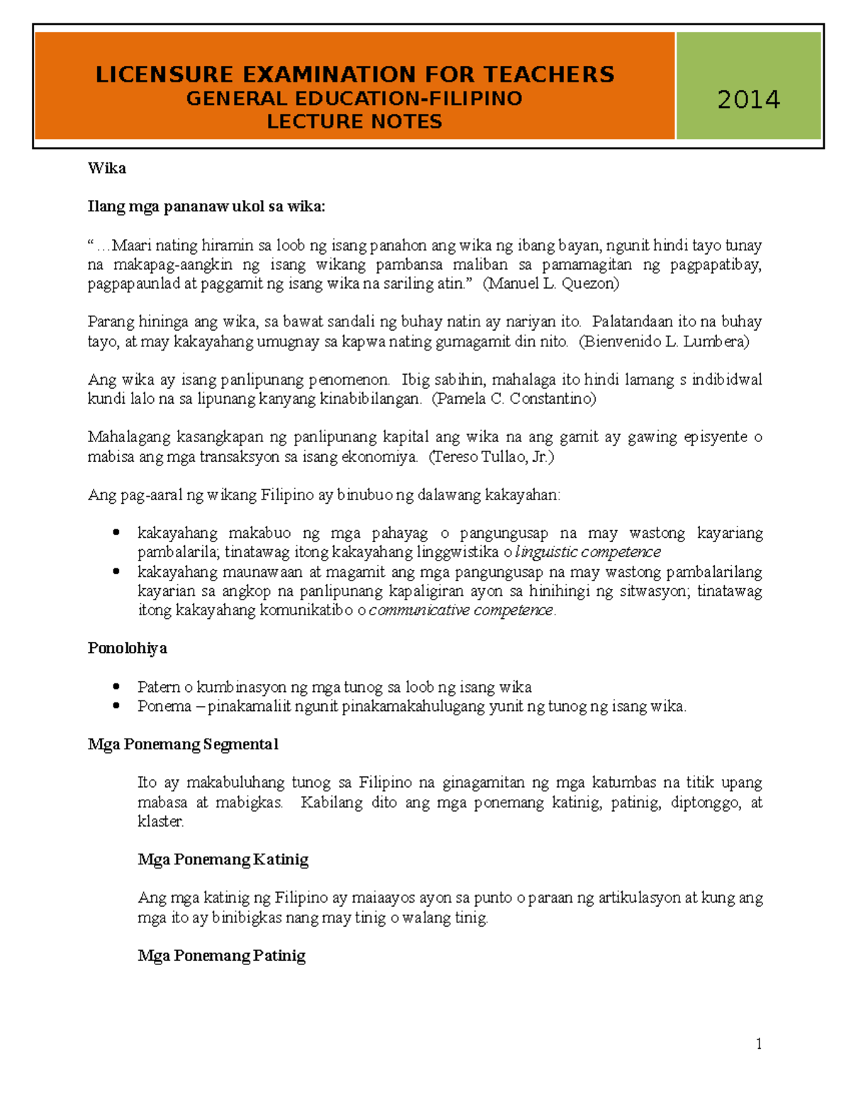 Filipino (LET) Lecture Notes 2014 - Wika Ilang mga pananaw ukol sa wika ...