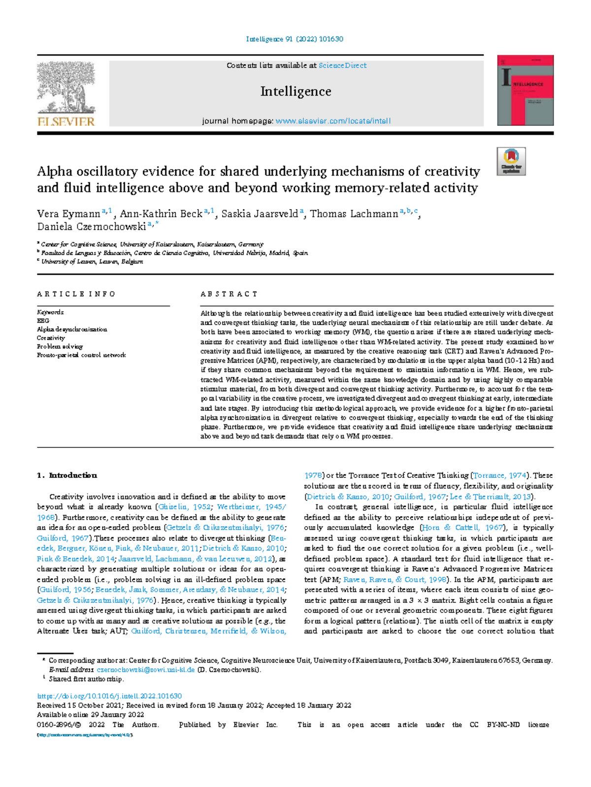 Alpha Oscillatory Mechanisms of Creativity & Fluid Intelligence (INT ...
