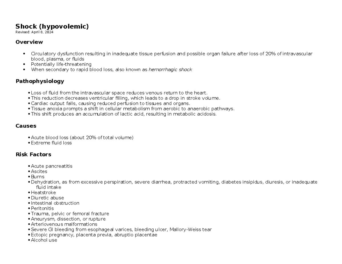 Hypovolemic Shock - Reference sheet - Shock (hypovolemic) Revised ...
