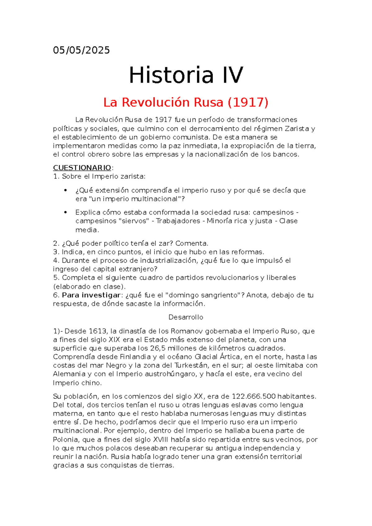 Historia IV: Cuestionario y Análisis de la Revolución Rusa (1917) - Studocu