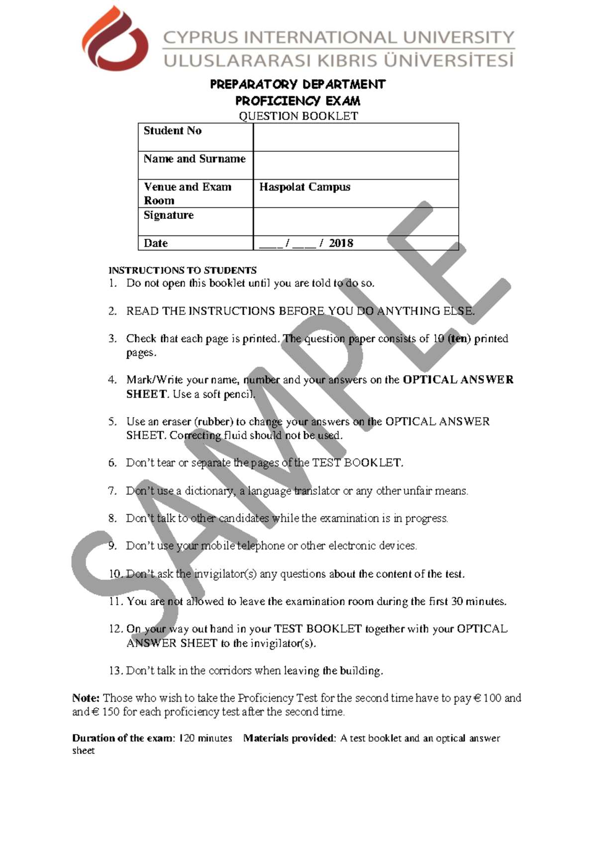 Proficiency Exam Sample Questions Booklet - 2018 - Studocu