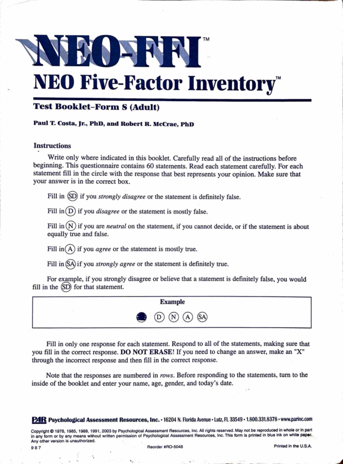 NEO Five-Factor Inventory™ Test Booklet - Form S (Adult) - Studocu