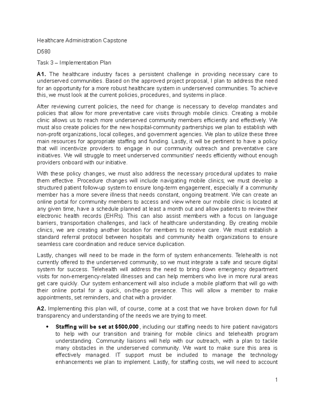D580 - Task 3 - Implementation Plan for Healthcare Admin Capstone - Studocu
