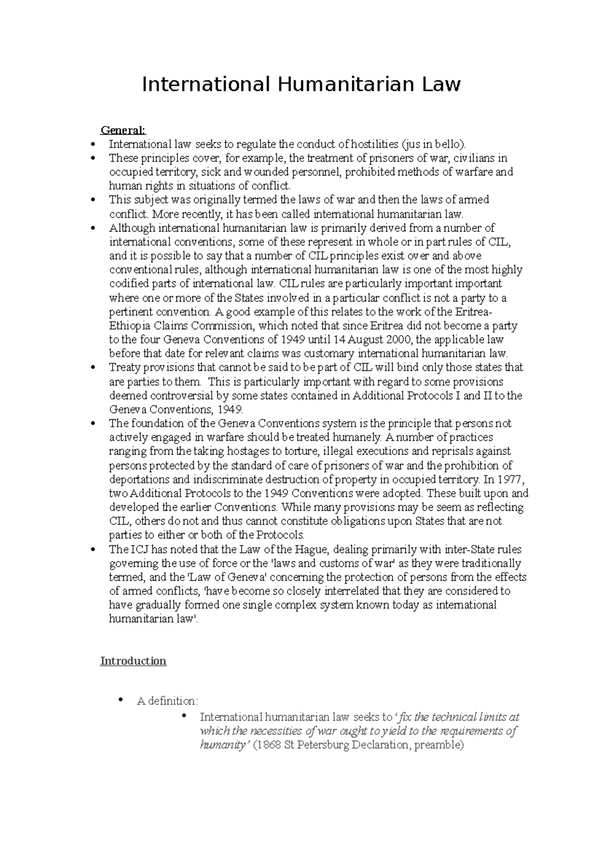 International Humanitarian Law Notes 2021-11 - Lecture 1: The place of ...