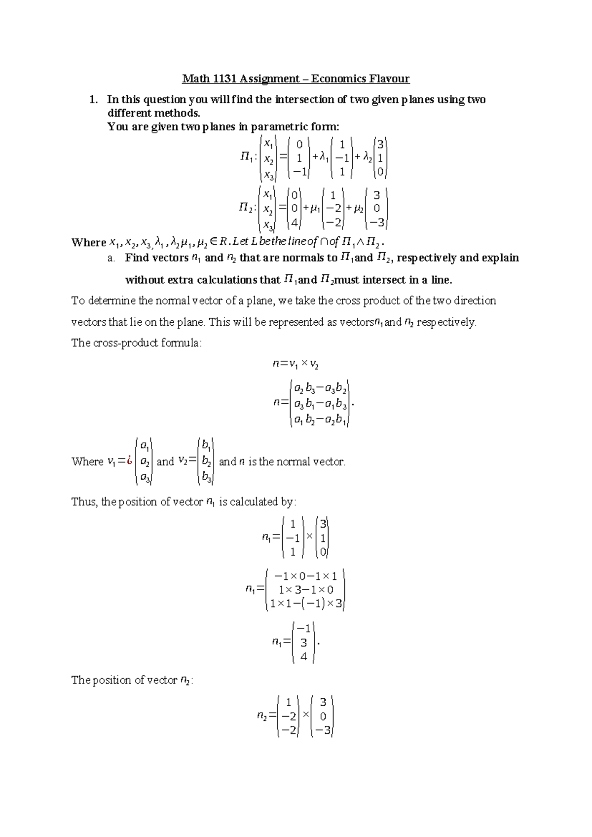 Math 1131 Assignment: Intersection of Planes and Profit Analysis - Studocu