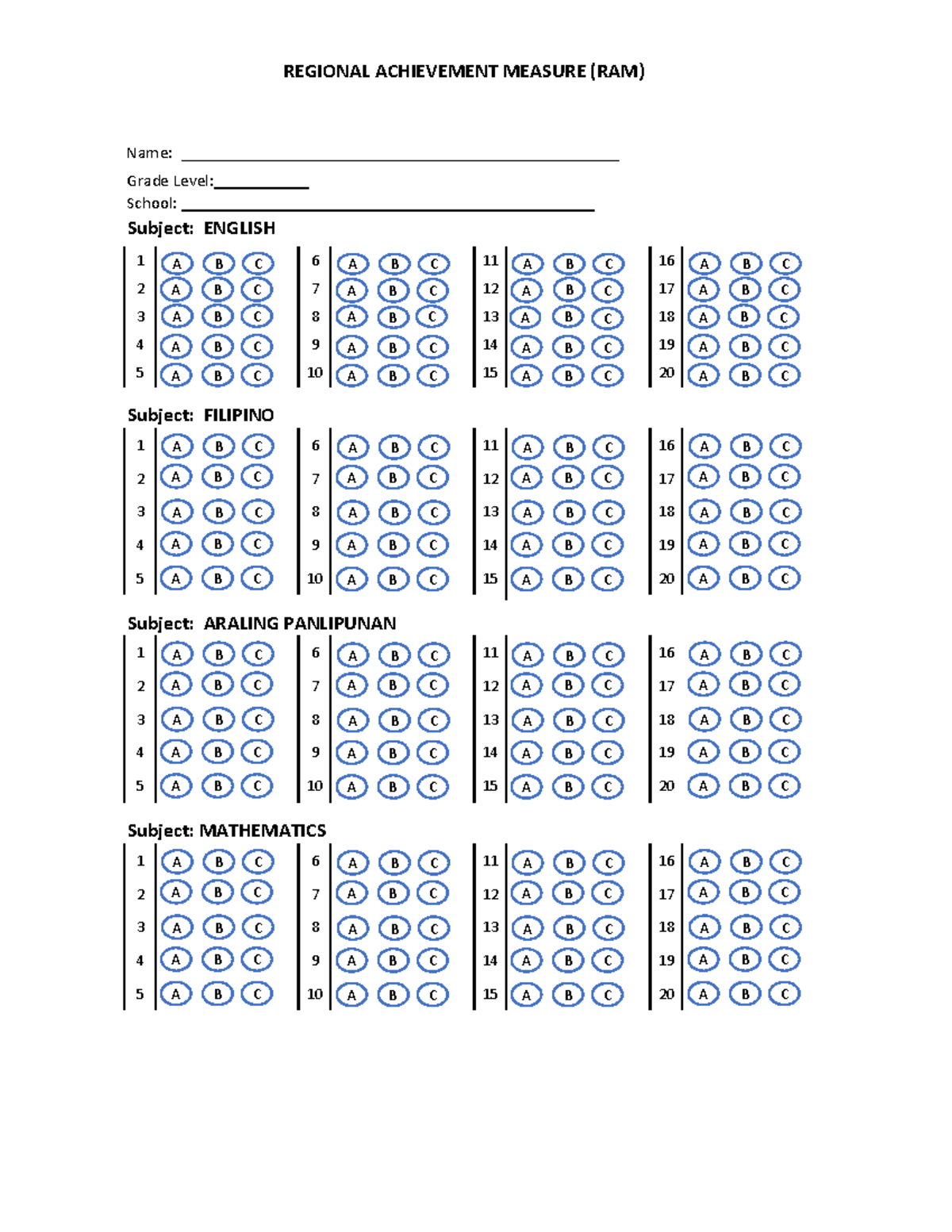 REGIONAL ACHIEVEMENT MEASURE (RAM) Answer Sheet for Grades 1-20 - Studocu