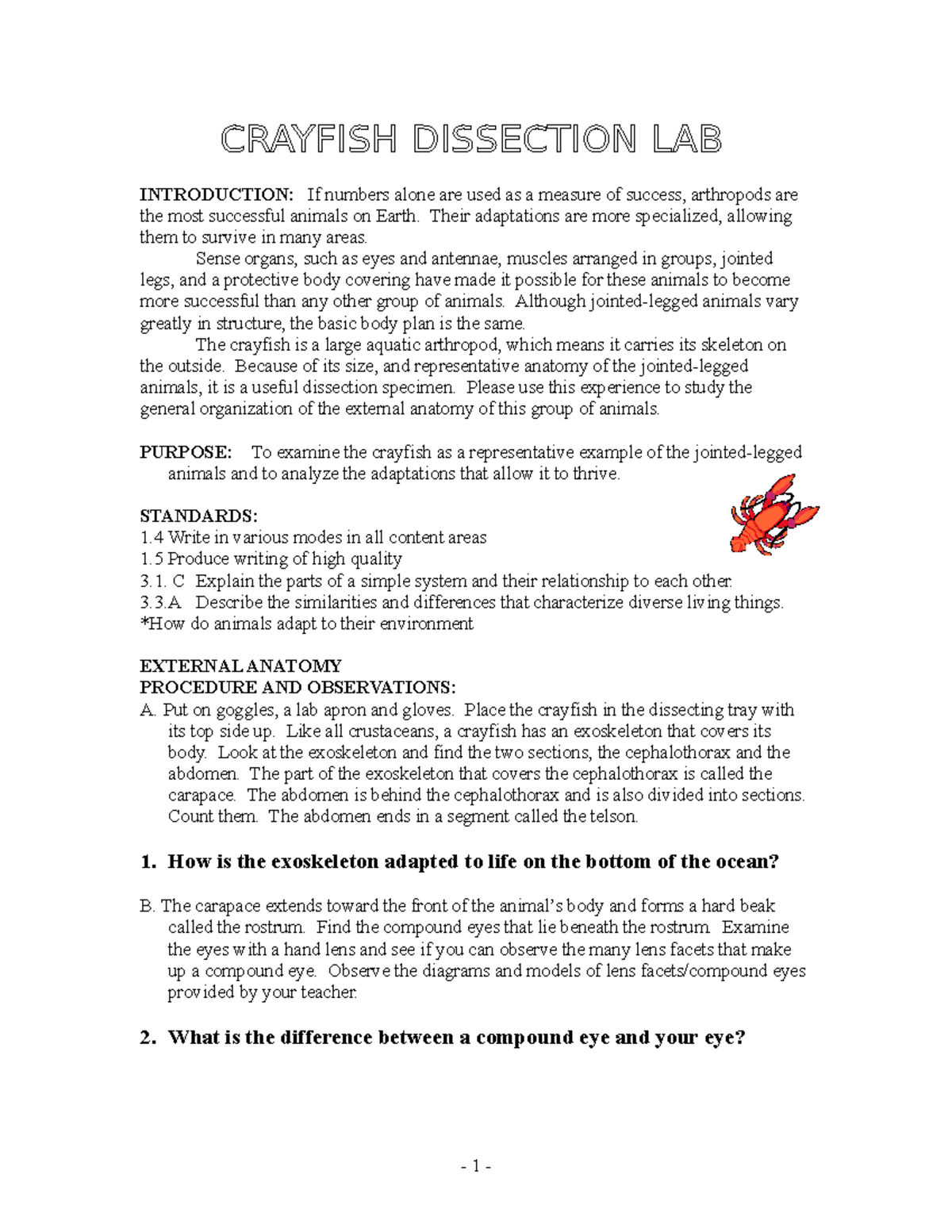 Crayfish Dissection - Lab answers - INTRODUCTION: If numbers alone are ...