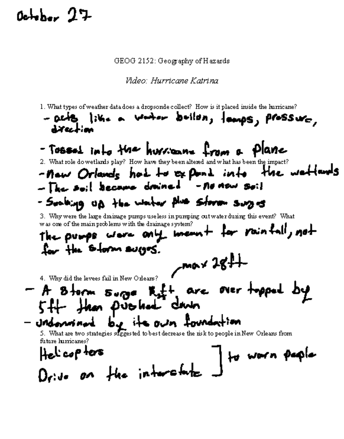 Video Questions - Hurricane Katrina (GEOG 2152) - Studocu