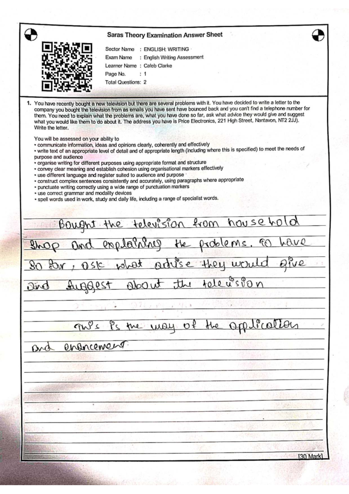 ENG 101: English Writing Assessment - Letter Writing Exercise - Studocu