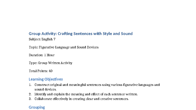 Group Activity Figurative Language and Sound Devices - Group Activity ...