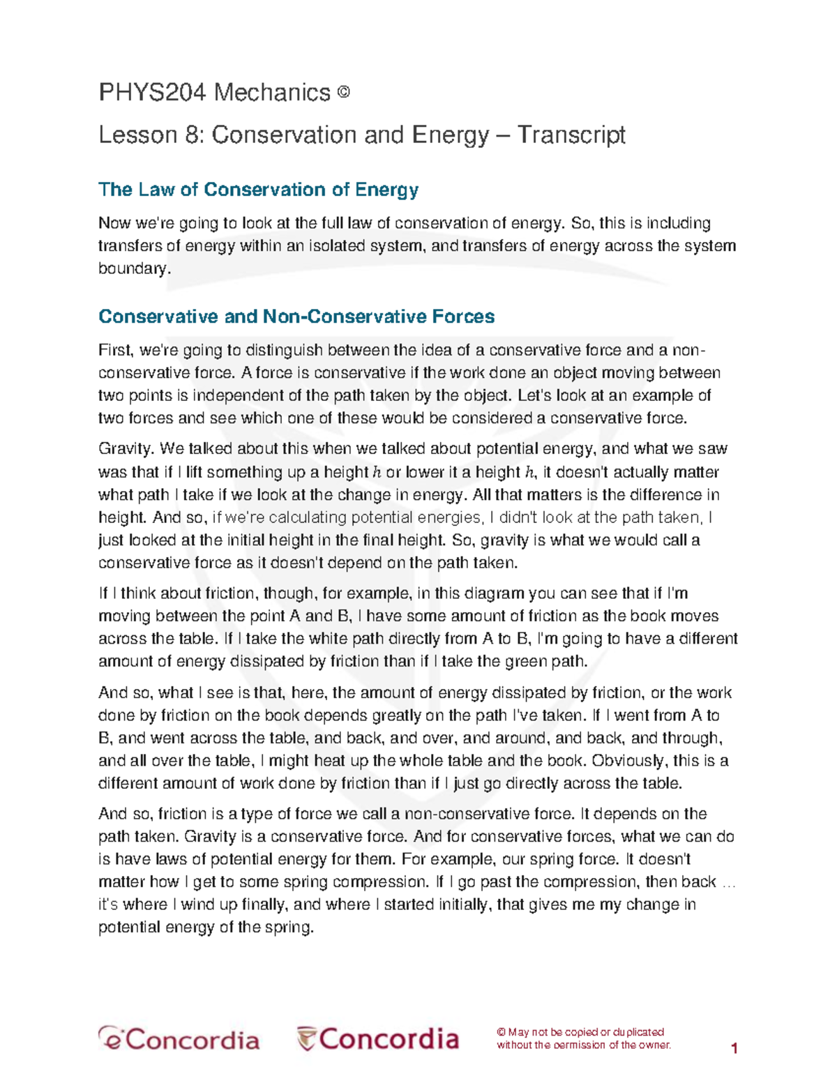 PHYS204 Mechanics Lesson 8: Conservation of Energy Overview - Studocu