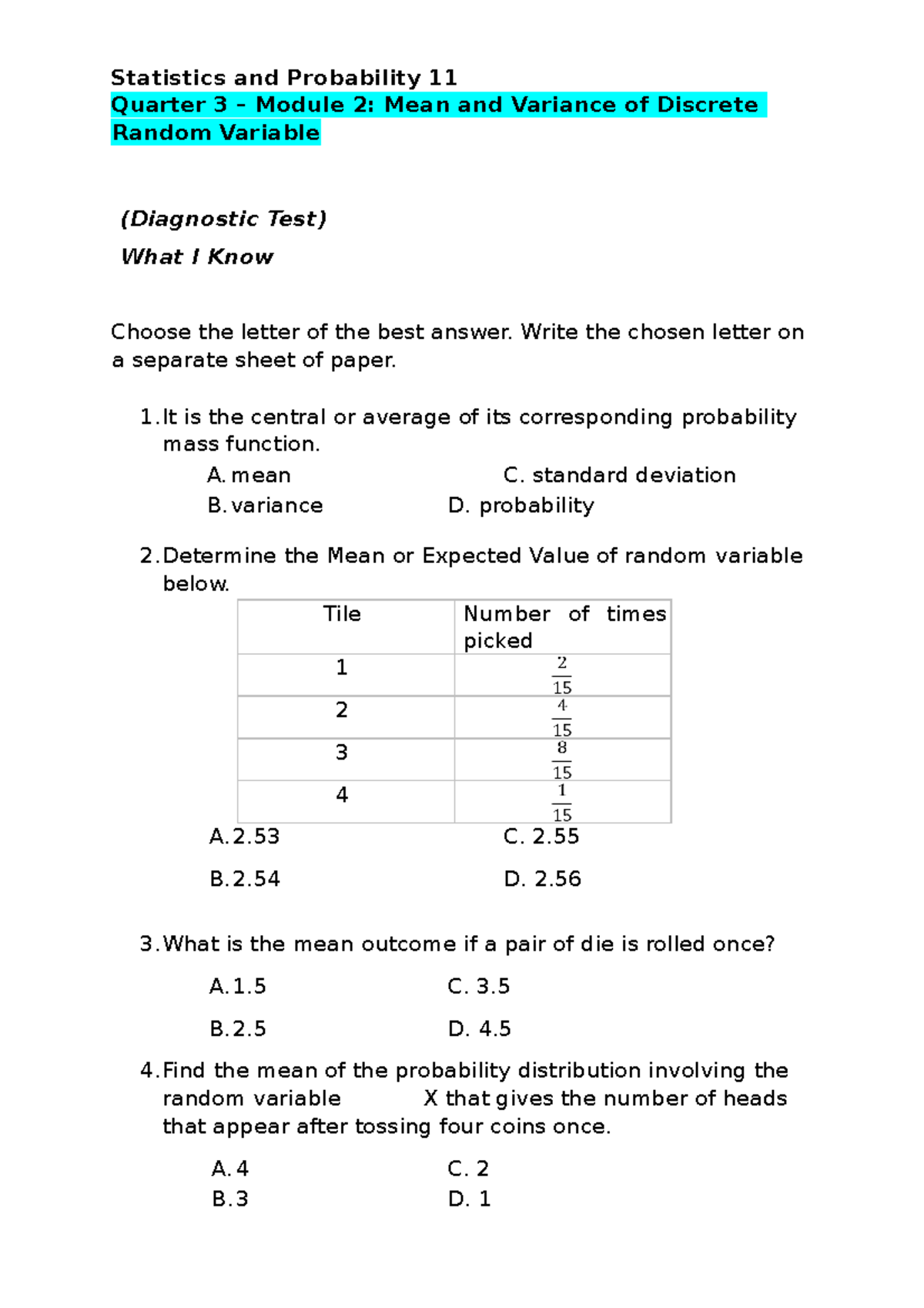 Statistics Probability Quarter 3 Module 2: Mean and Variance of Discrete Random Variable v2 ...