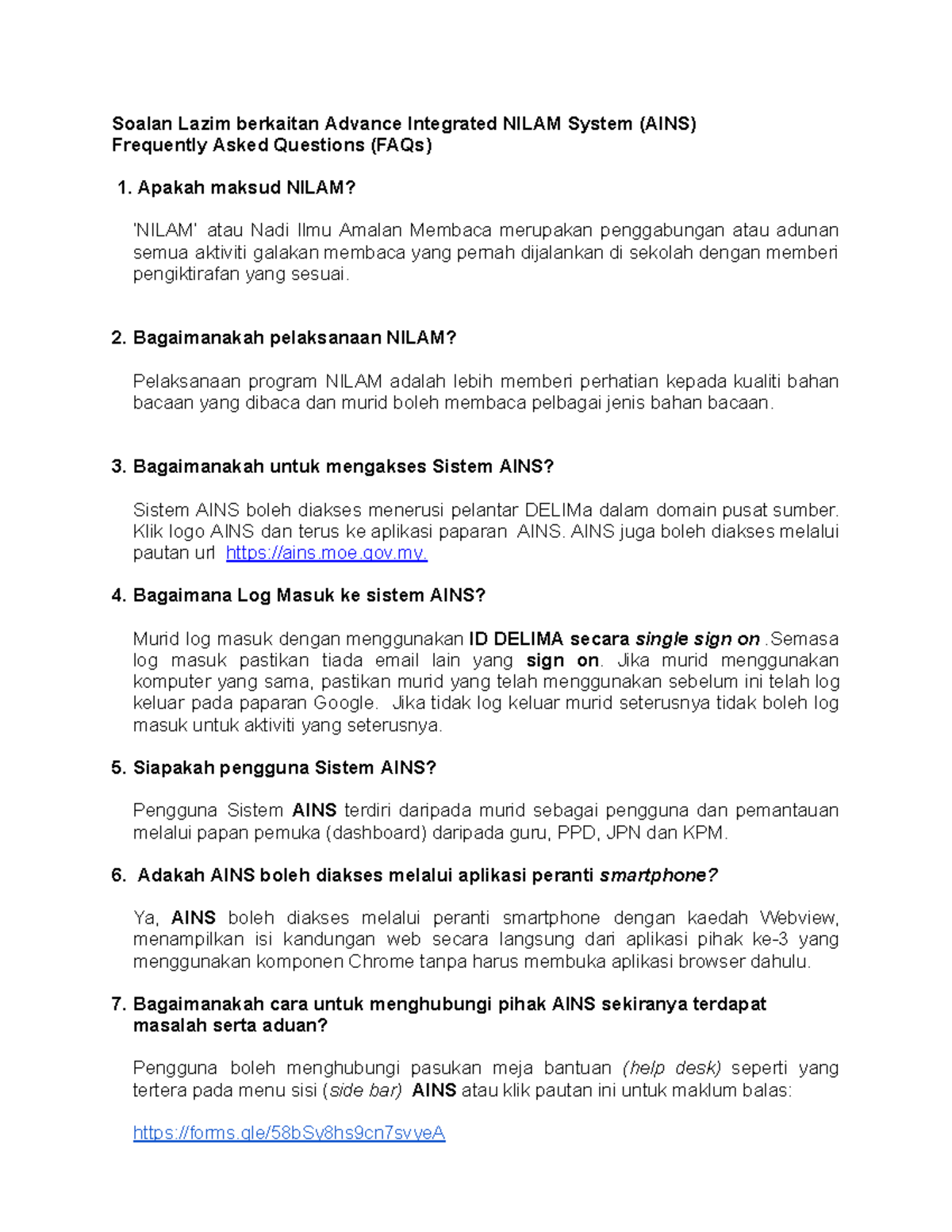 Soalan Lazim AINS: Panduan dan FAQ untuk Sistem NILAM - Studocu