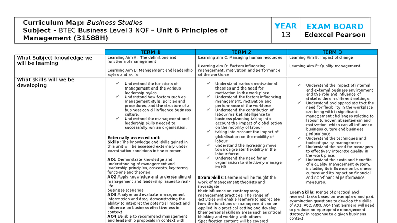 BTEC Business Level 3 Unit 6: Principles of Management Curriculum Map ...