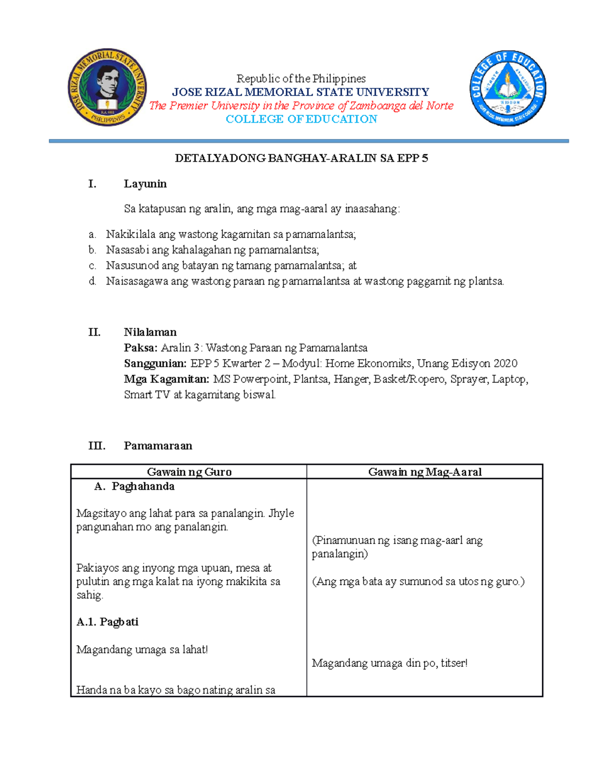 EPP 5 Detalyadong Banghay-Aralin sa Wastong Pamamalantsa - Studocu