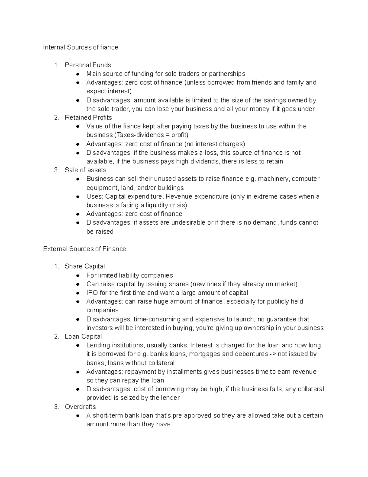 Internal Sources of Finance: Personal Funds & External Options - Studocu