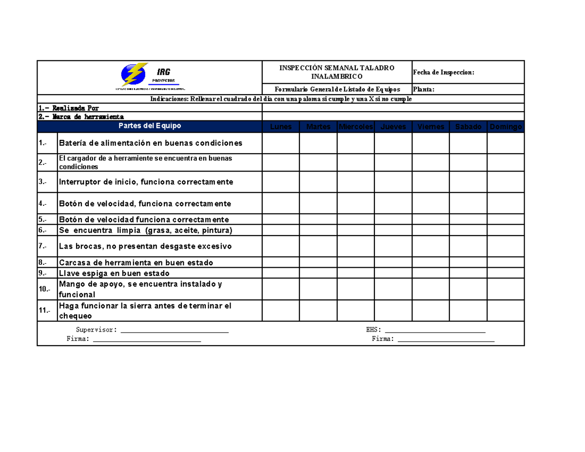 Check list taladro inalambrico - Lunes Martes Miercoles Jueves Viernes ...