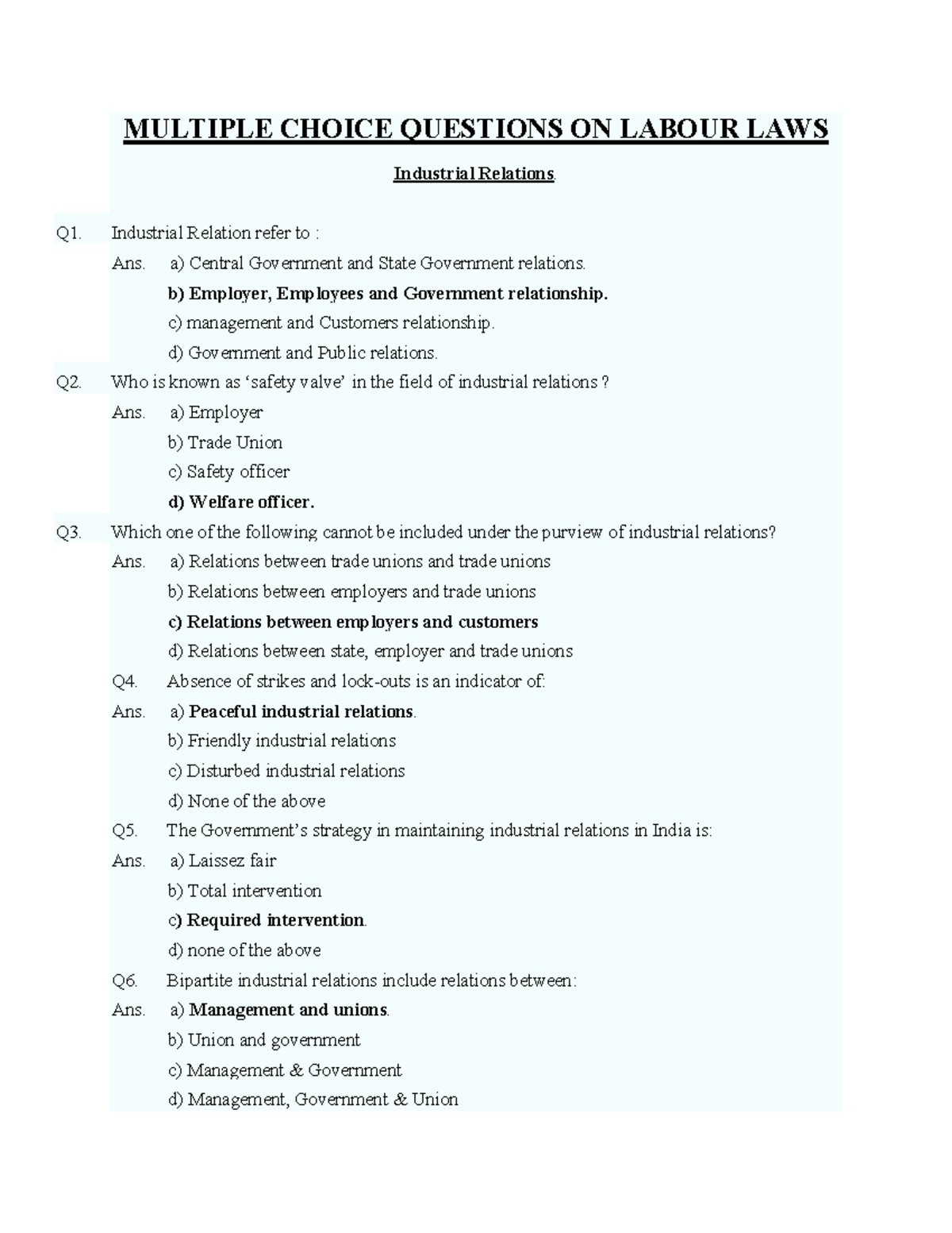 MCQ on IR Labour Laws 1234: Key Concepts and Questions - Studocu