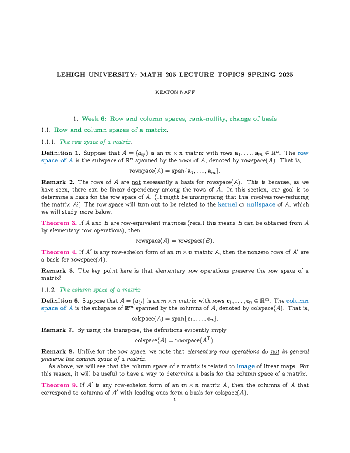 MATH 205: Lecture Notes on Row & Column Spaces and Change of Basis ...