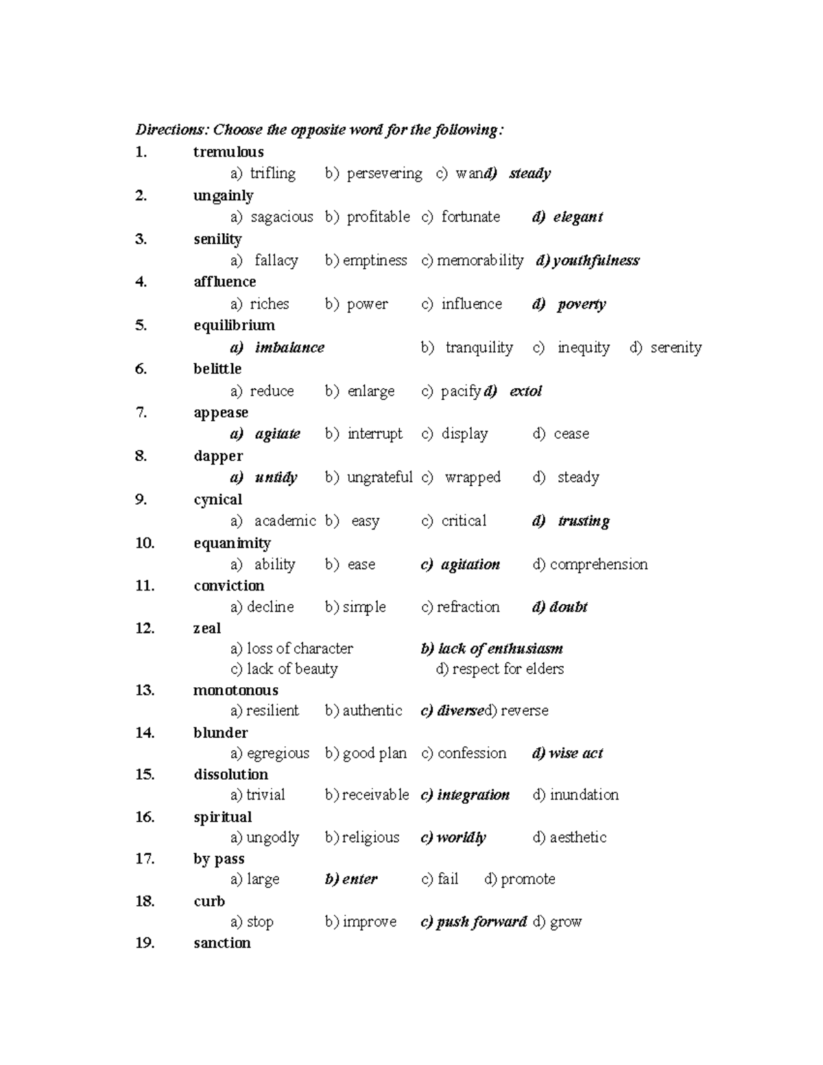 100 MCQs for Antonyms SET E: Opposite Words Practice - Studocu