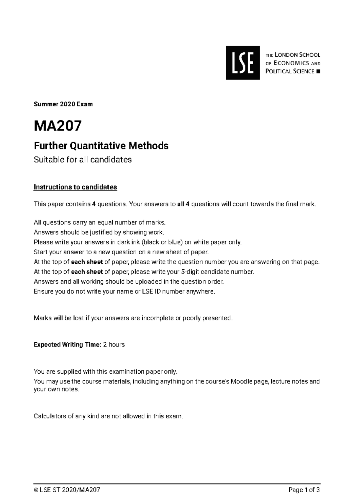 MA207 Summer 2020 Final Exam: Further Quantitative Methods - Studocu