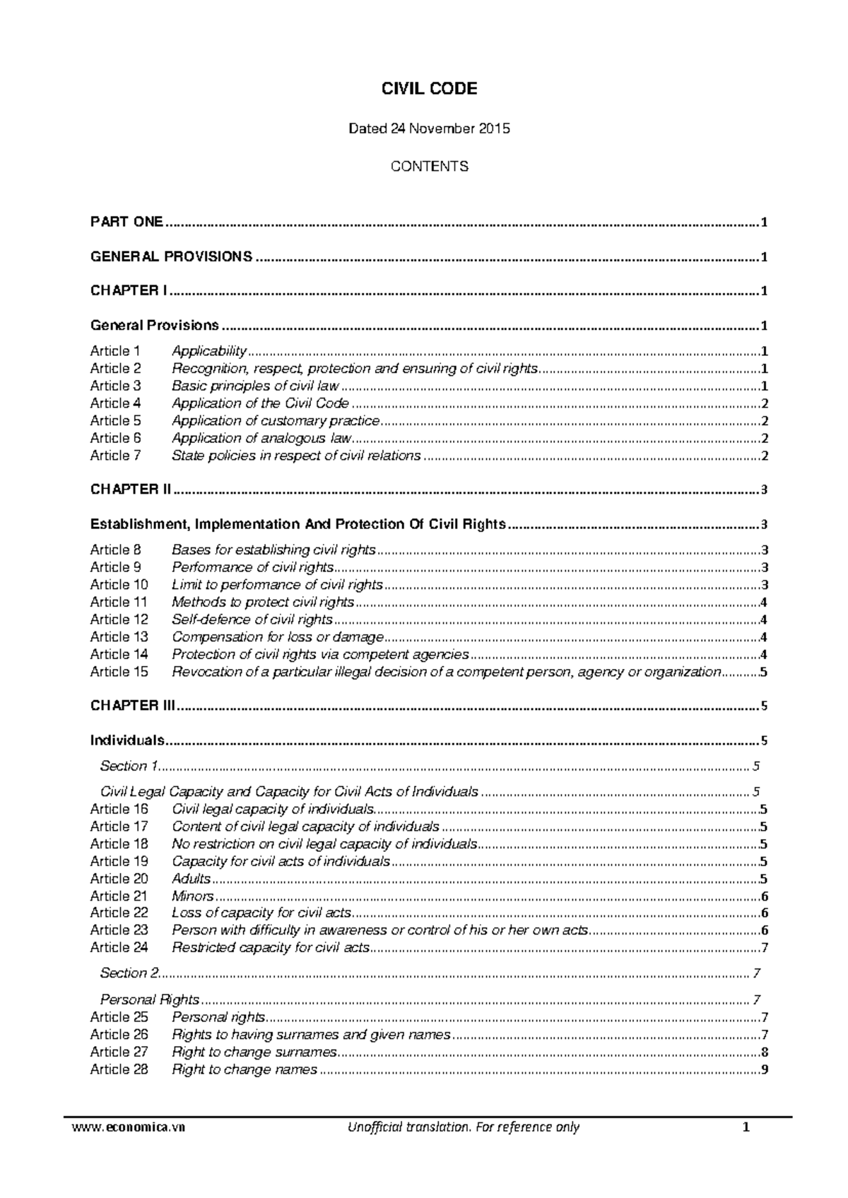 CIVIL CODE 2015 QH13: General Provisions and Key Articles - Studocu