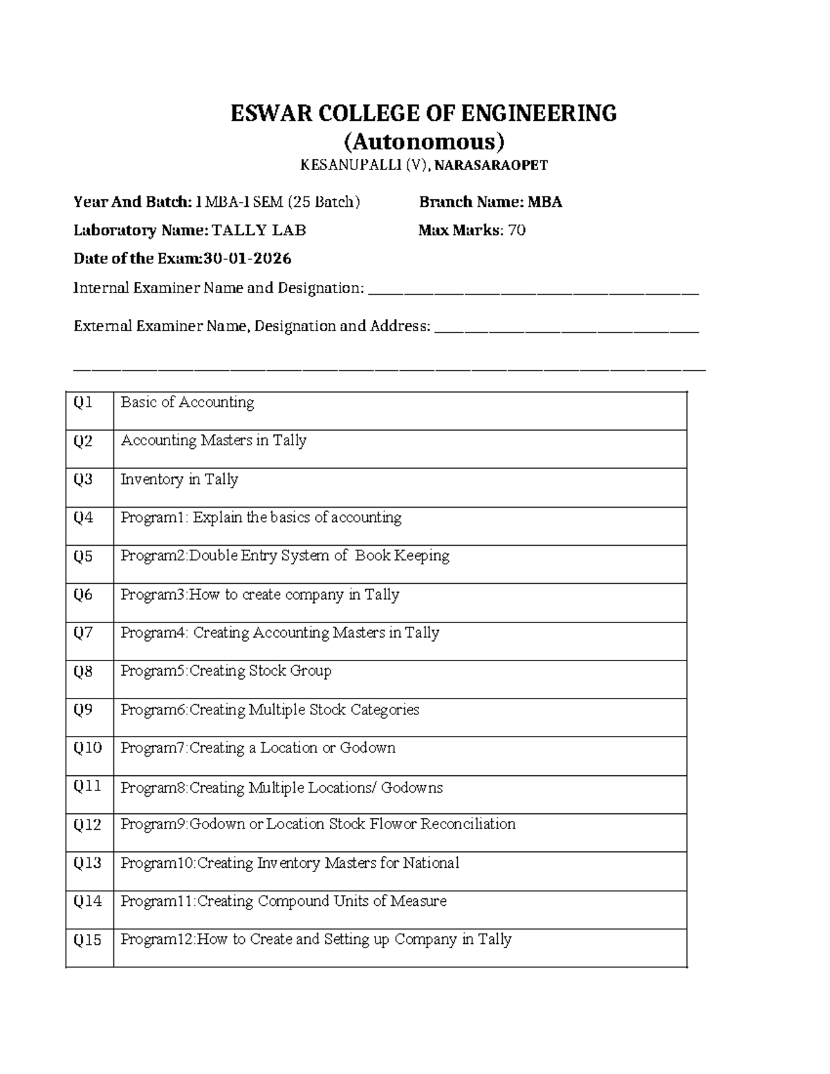 MBA 1st Year Tally Lab External Exam Question Paper - Studocu