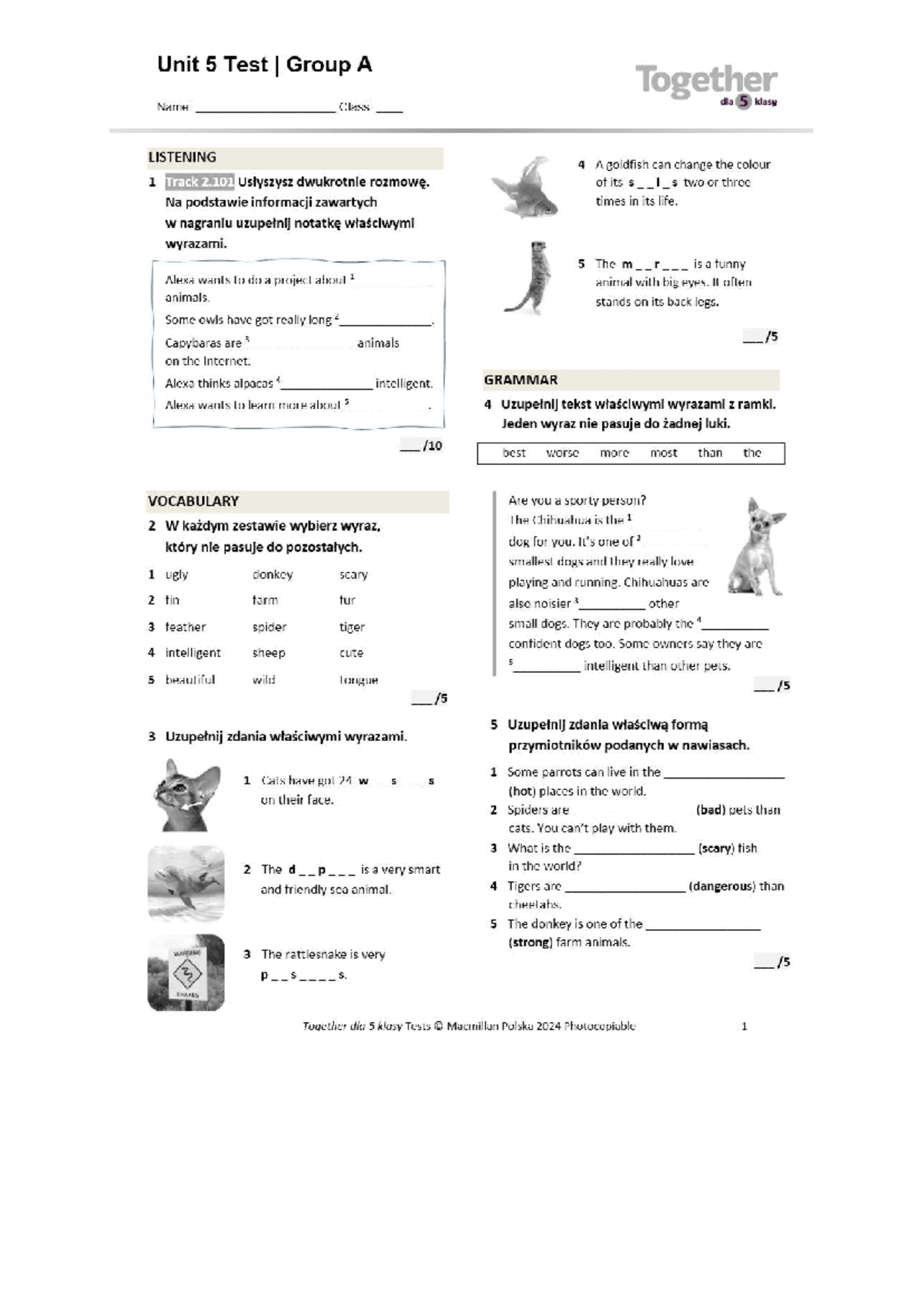 Unit 5 Test I - Listening, Grammar, Vocabulary & Reading for Class 5 ...