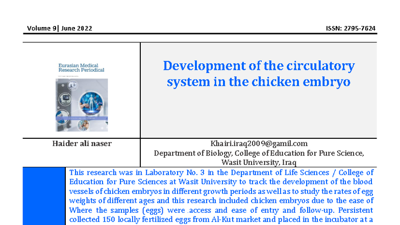 Development of the Circulatory System in Chicken Embryos (BIO 2022 ...